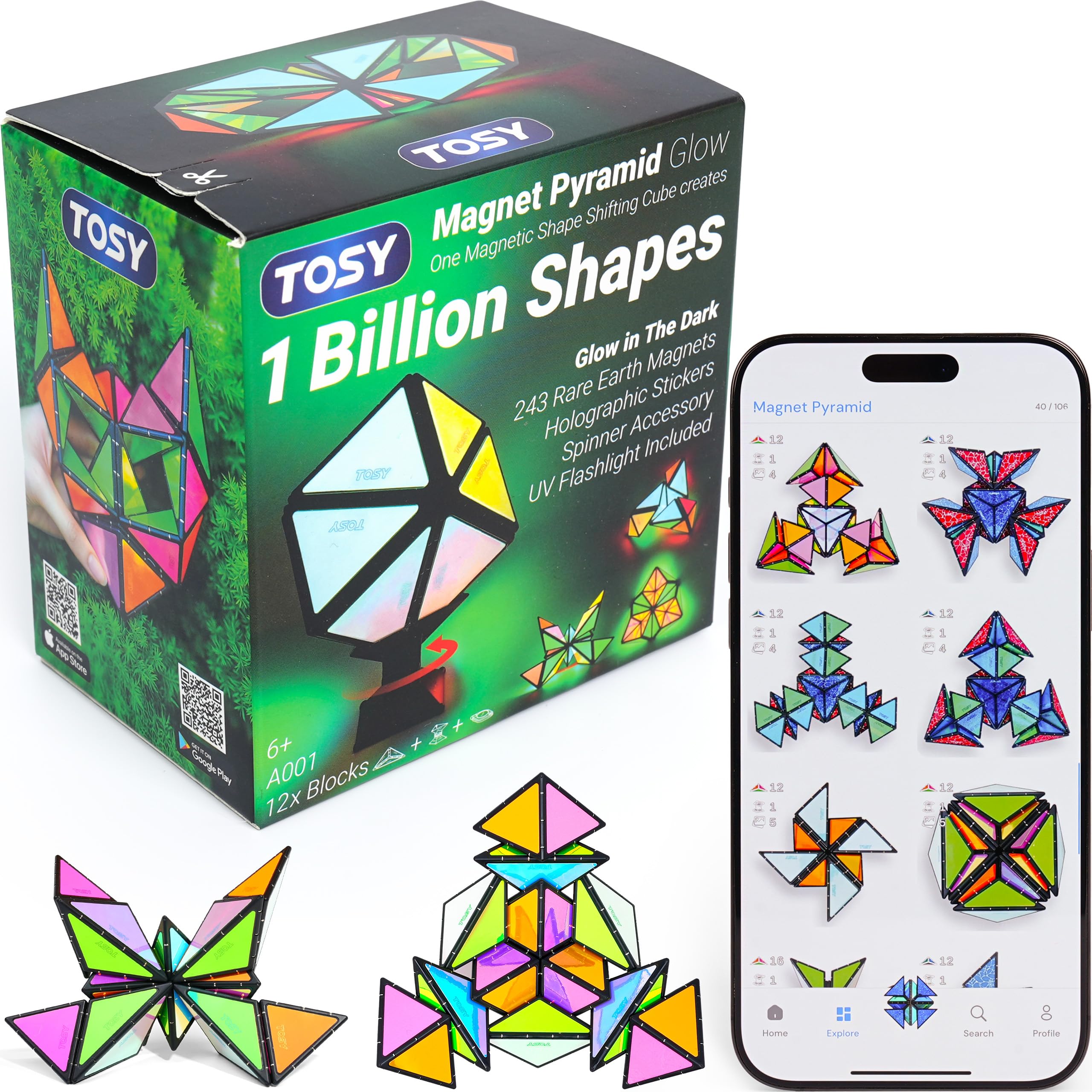 TOSY Magnet Pyramid Glow - 1 Cube Transforms into 1 Billion Shapes, 12 ...